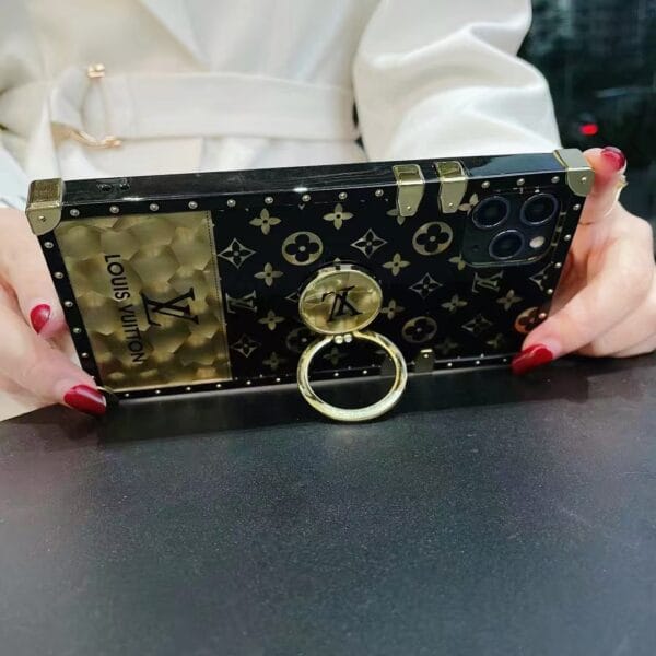 LV Trunk Case Black & Gold Diamond with Secure Ring Holder