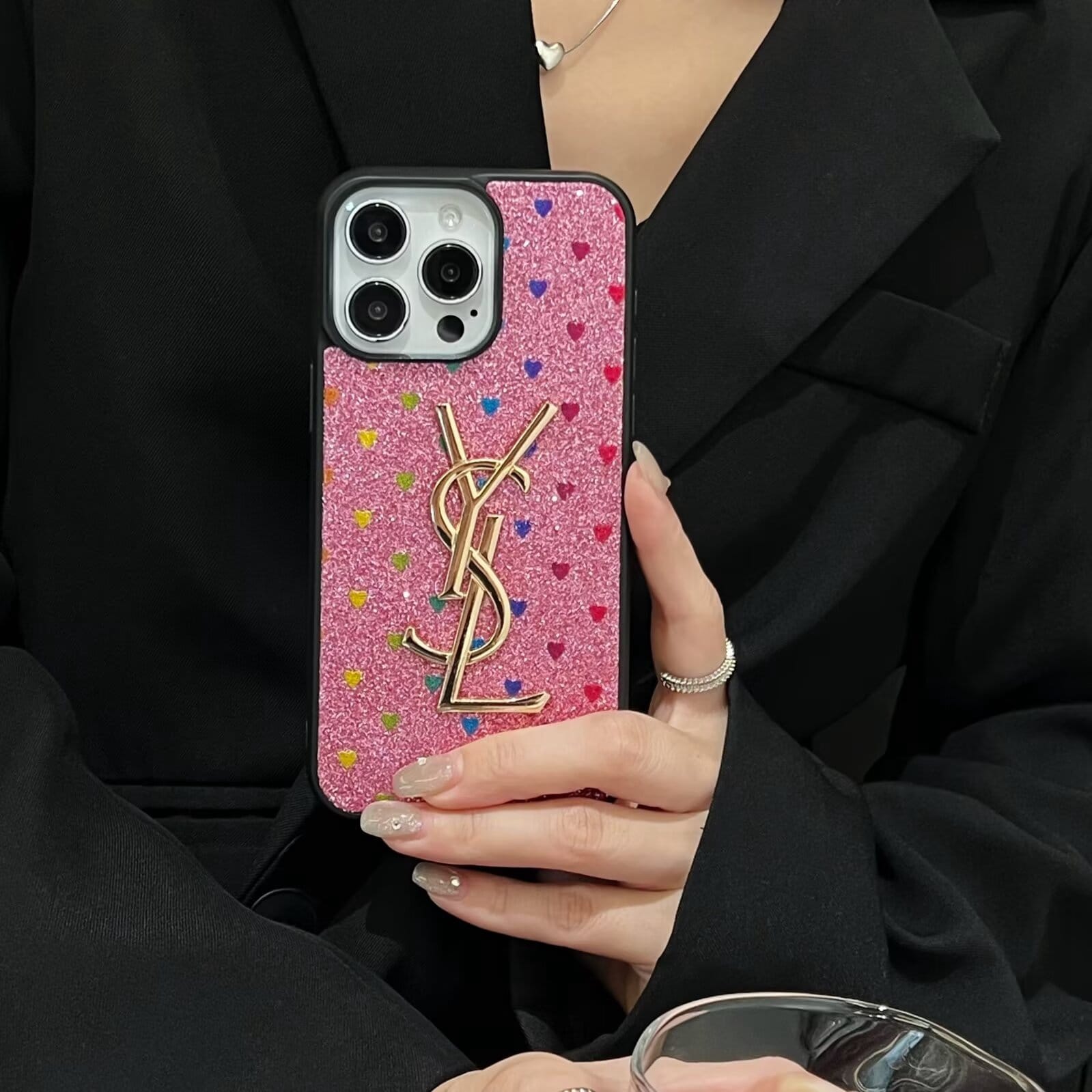 Fashion YSL Heart Shape Glitter Phone Case - Luxury Handcrafted Phone Cases